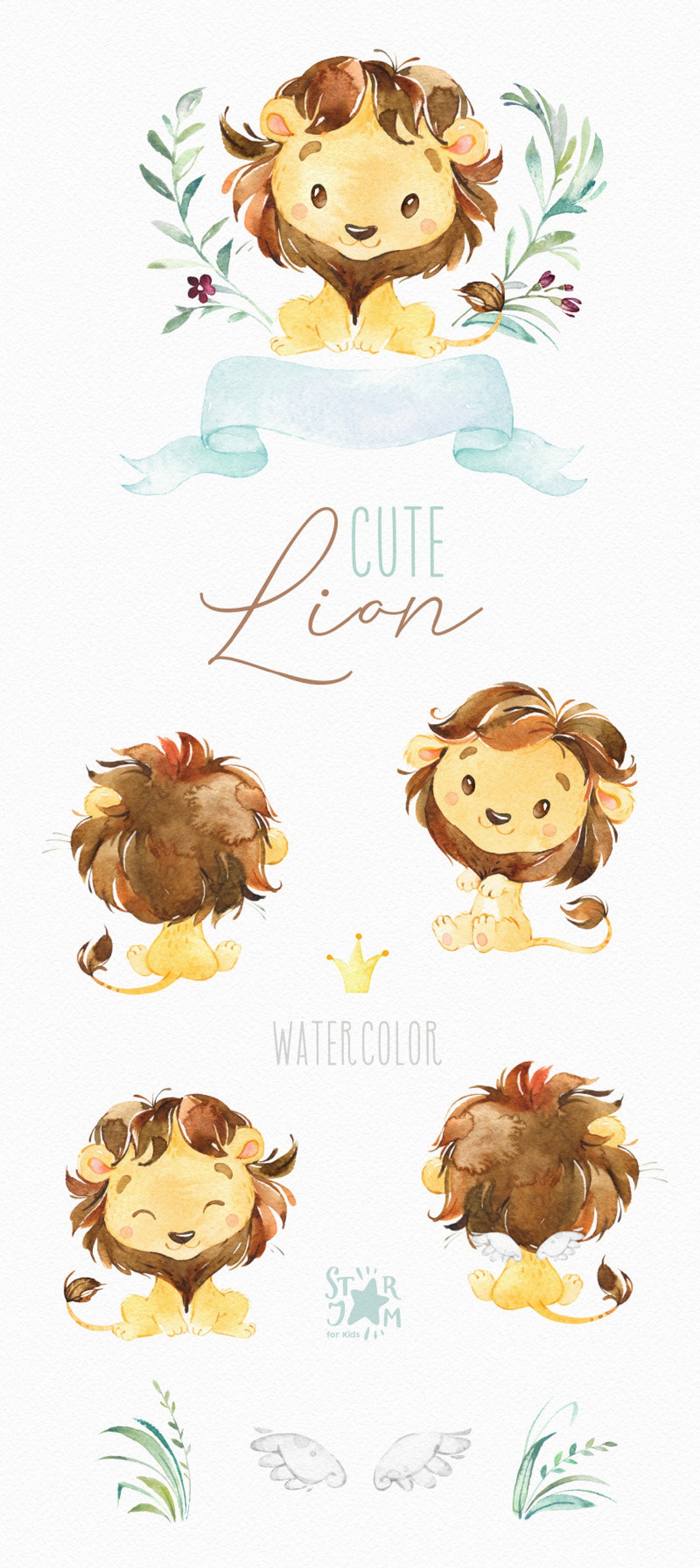 Cute Lion. Watercolor Little Animal Clipart Cub Boy Kid | Etsy