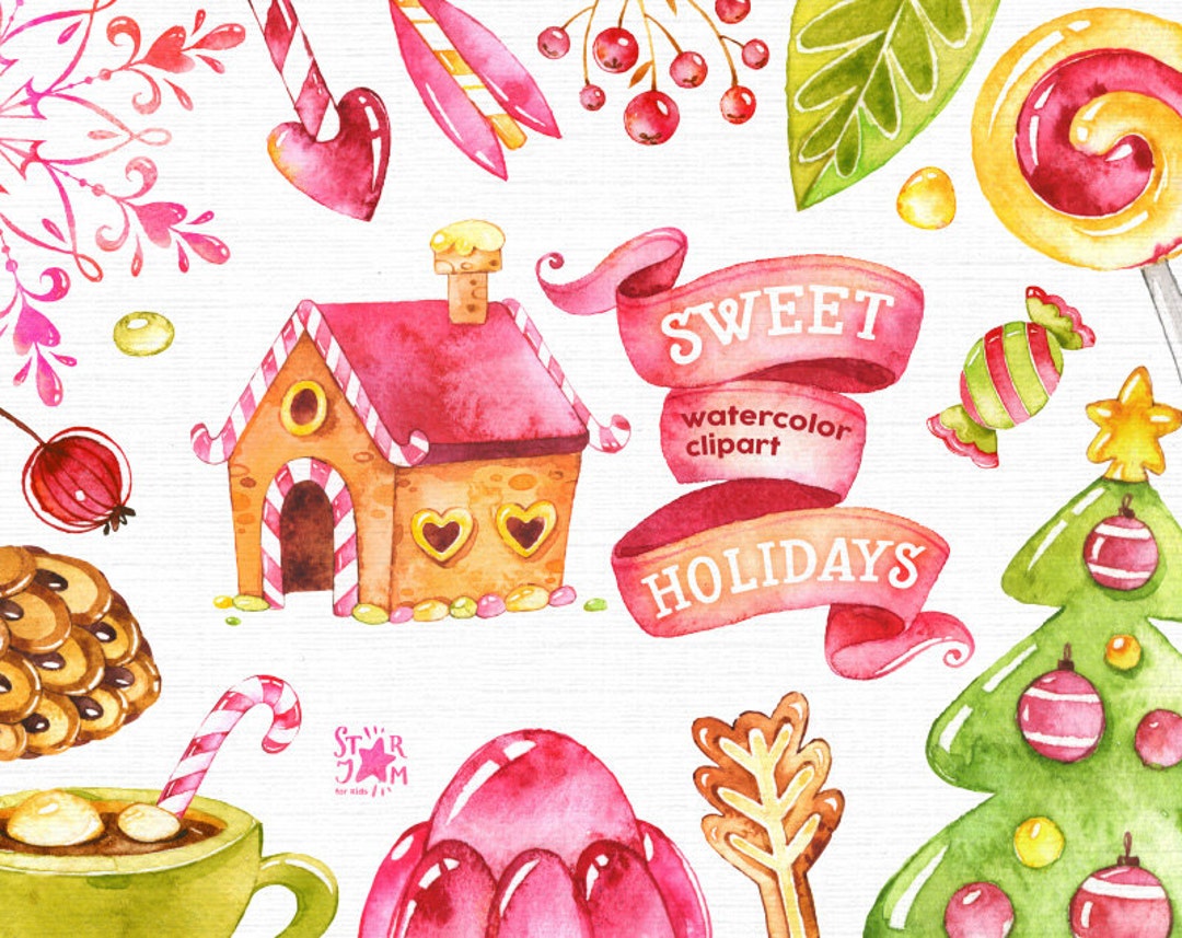 Sweet Holidays. Watercolor Clipart, Christmas, Candy, Winter, Lollipop ...