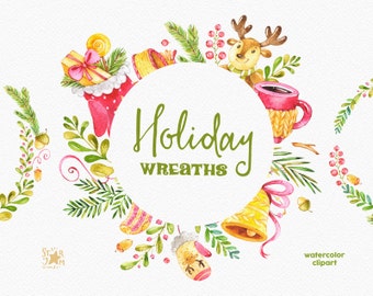 Cute Holidays. Watercolor clipart christmas winter deer