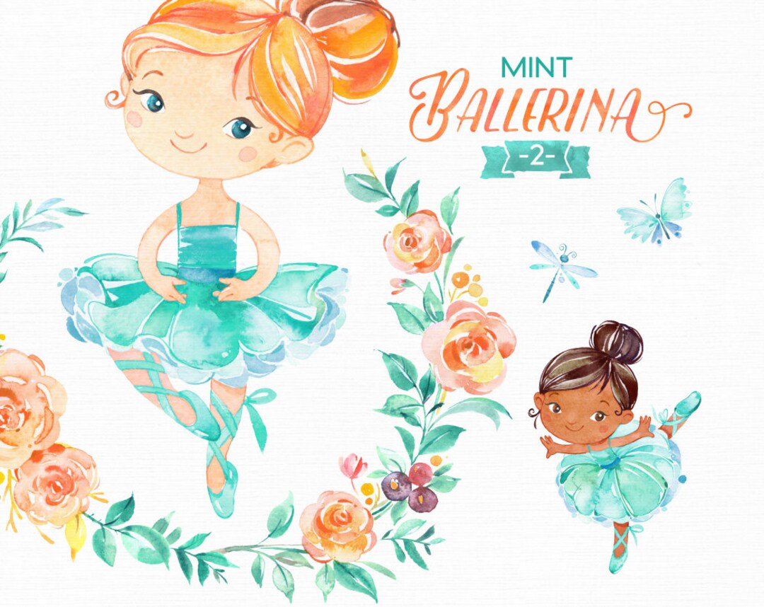 Mint Ballerina 2. Watercolor Clipart, Little Girl, Ballet Dancer ...