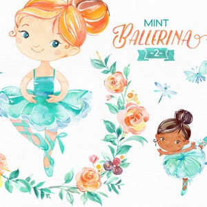 Mint Ballerina 2. Watercolor Clipart, Little Girl, Ballet Dancer ...