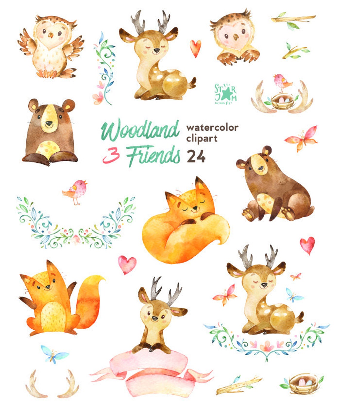 Woodland Friends 3. Watercolor Animals Clipart, Fox, Forest, Deer, Bear ...
