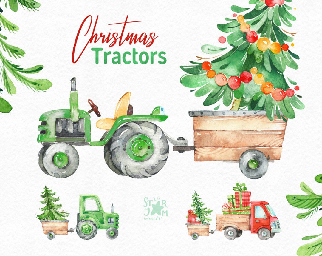 Christmas Tractors Green. Watercolor Holiday Country Clipart, Winter ...