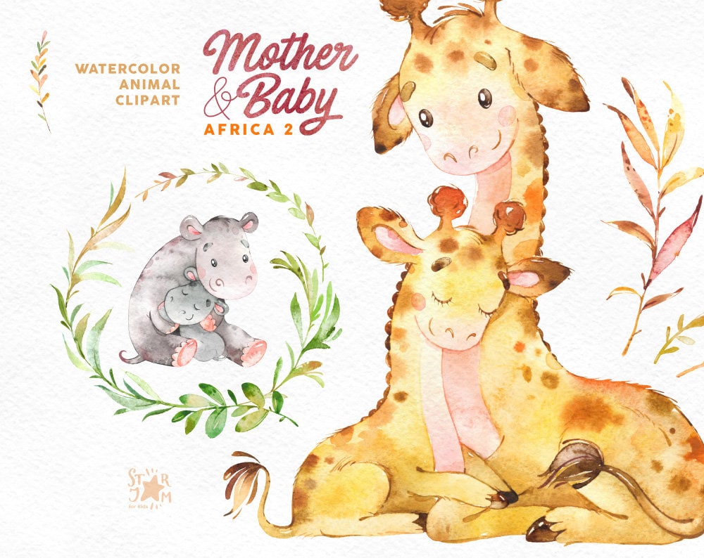 Mother & Baby. Africa 2. Watercolor Animals Clipart Giraffe - Etsy