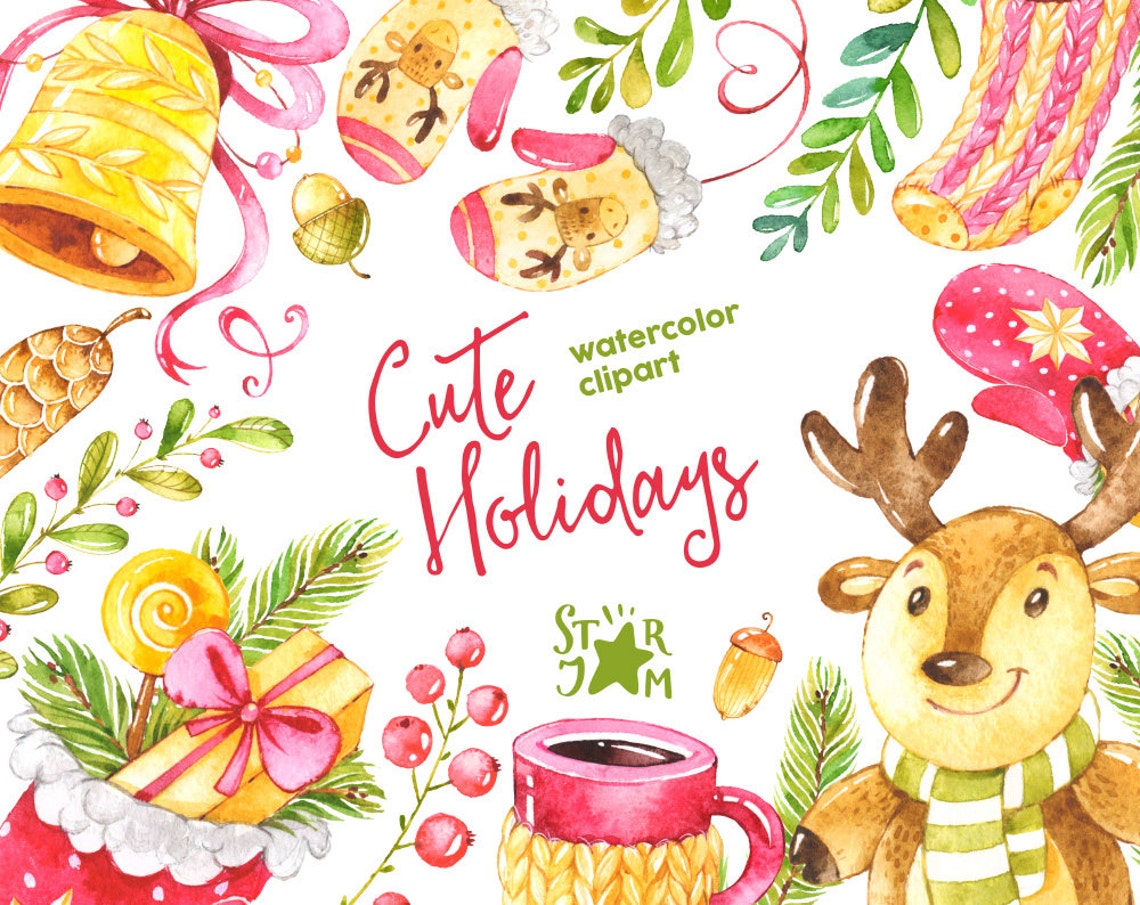 Cute Holidays. Watercolor Clipart, Christmas, Winter, Deer, Bell ...