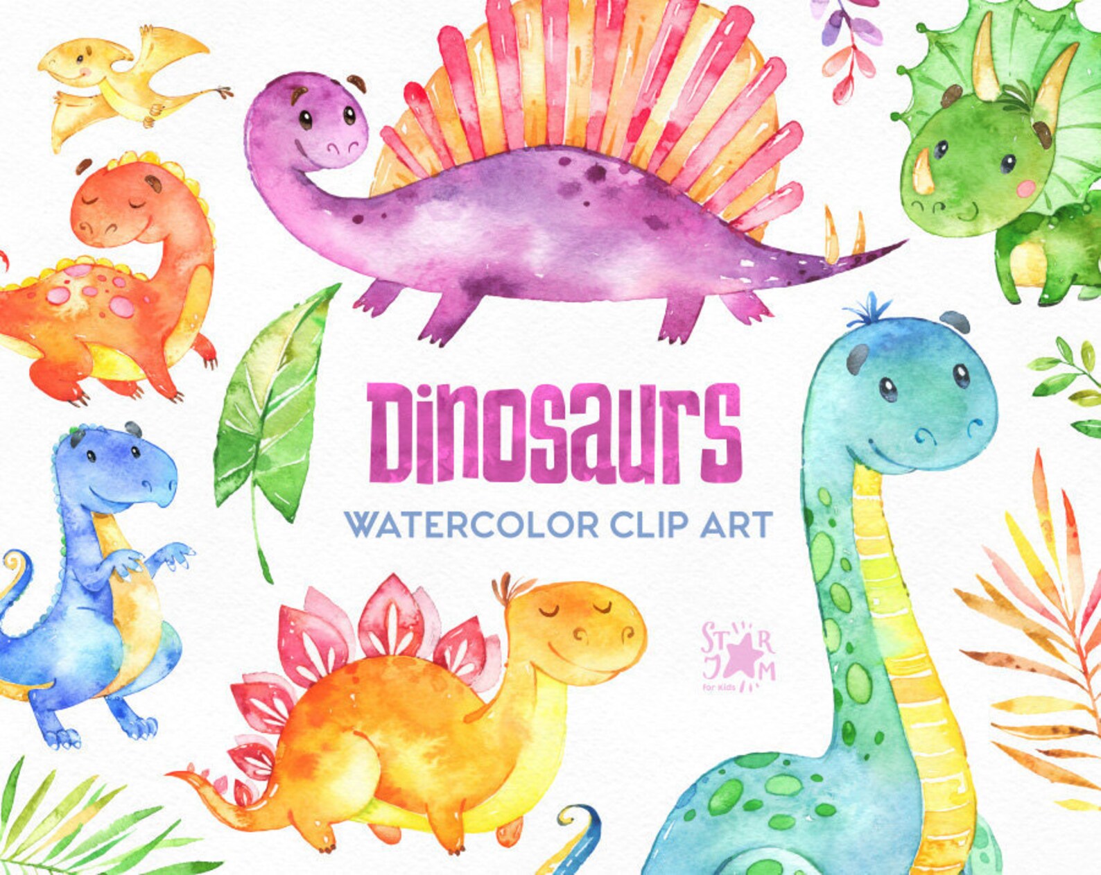 Dinosaurs. Watercolor Clip Art, Characters, Cute Dino's, Floral ...