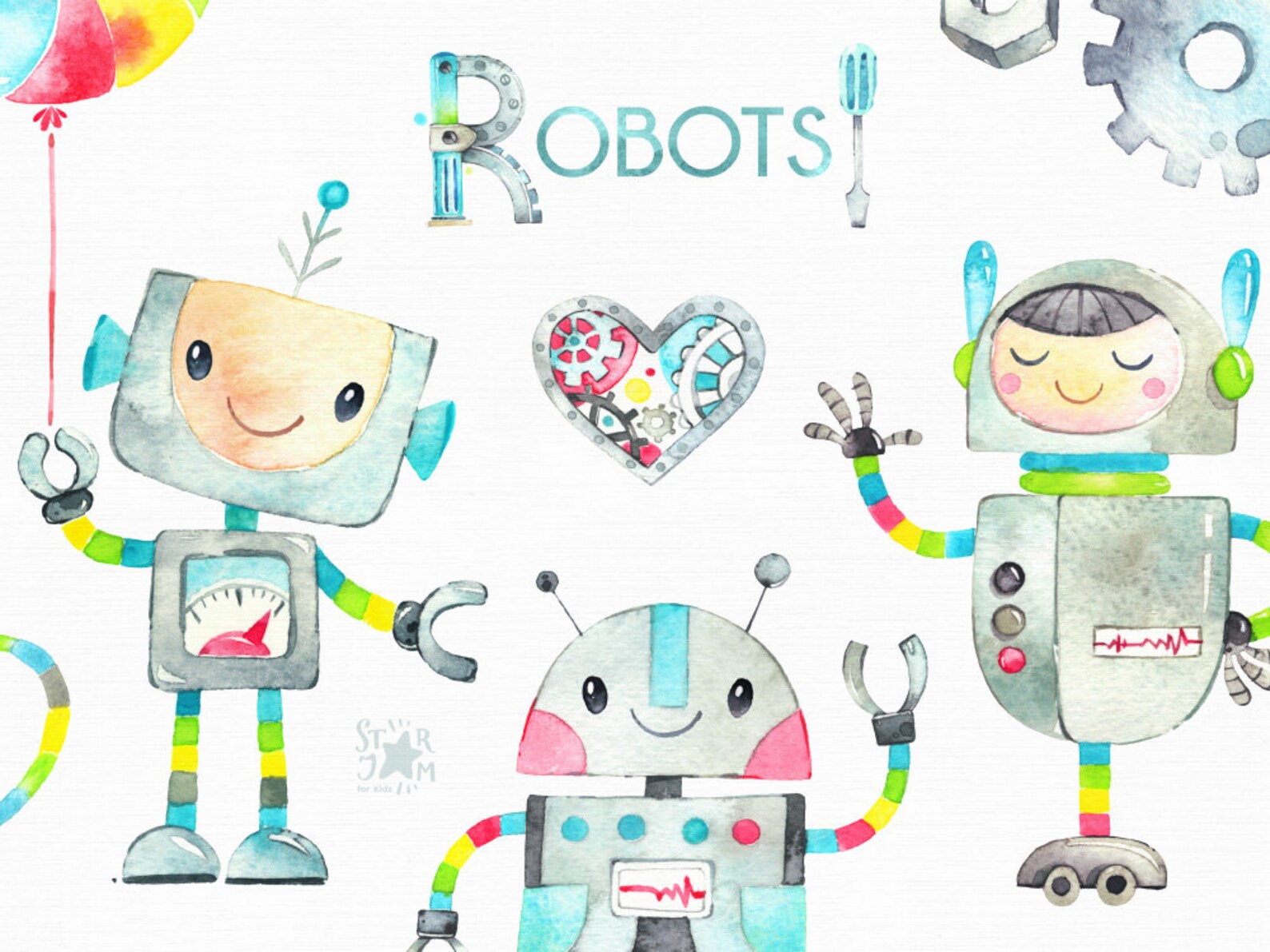Robots. Watercolor Vintage Clipart Retro Kids Boys | Etsy
