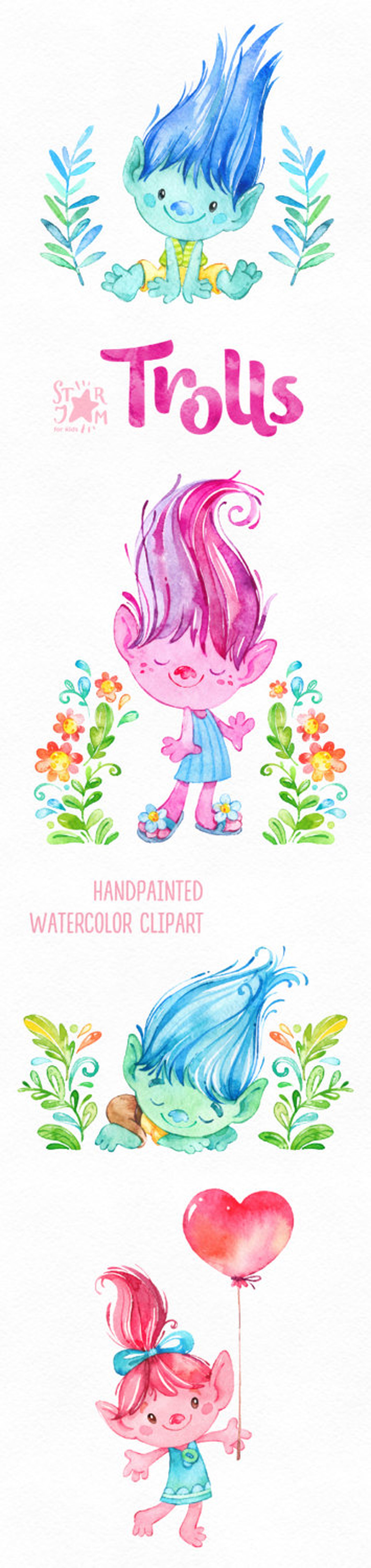 Trolls. Watercolor Clip Art Cute Characters Poppy Dolls - Etsy