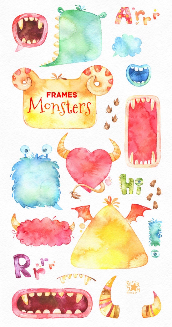 Funny Monsters Frames. Watercolor clip art speech bubbles | Etsy