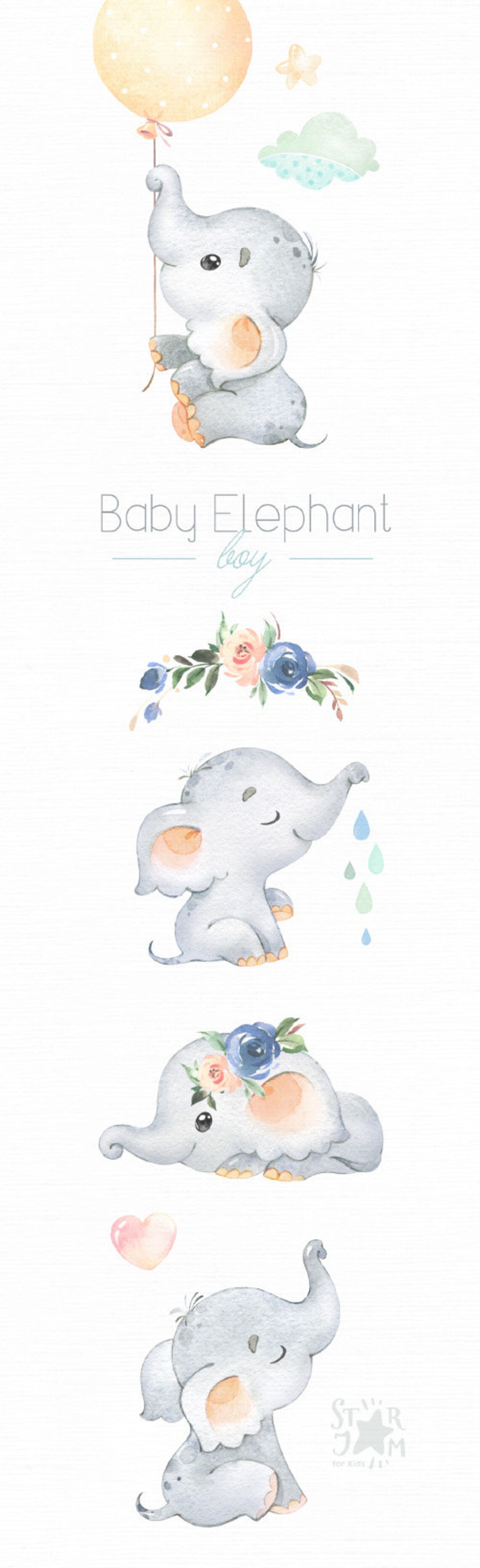 Baby Elephant. Boy. Watercolor Little Animal Clipart Child - Etsy