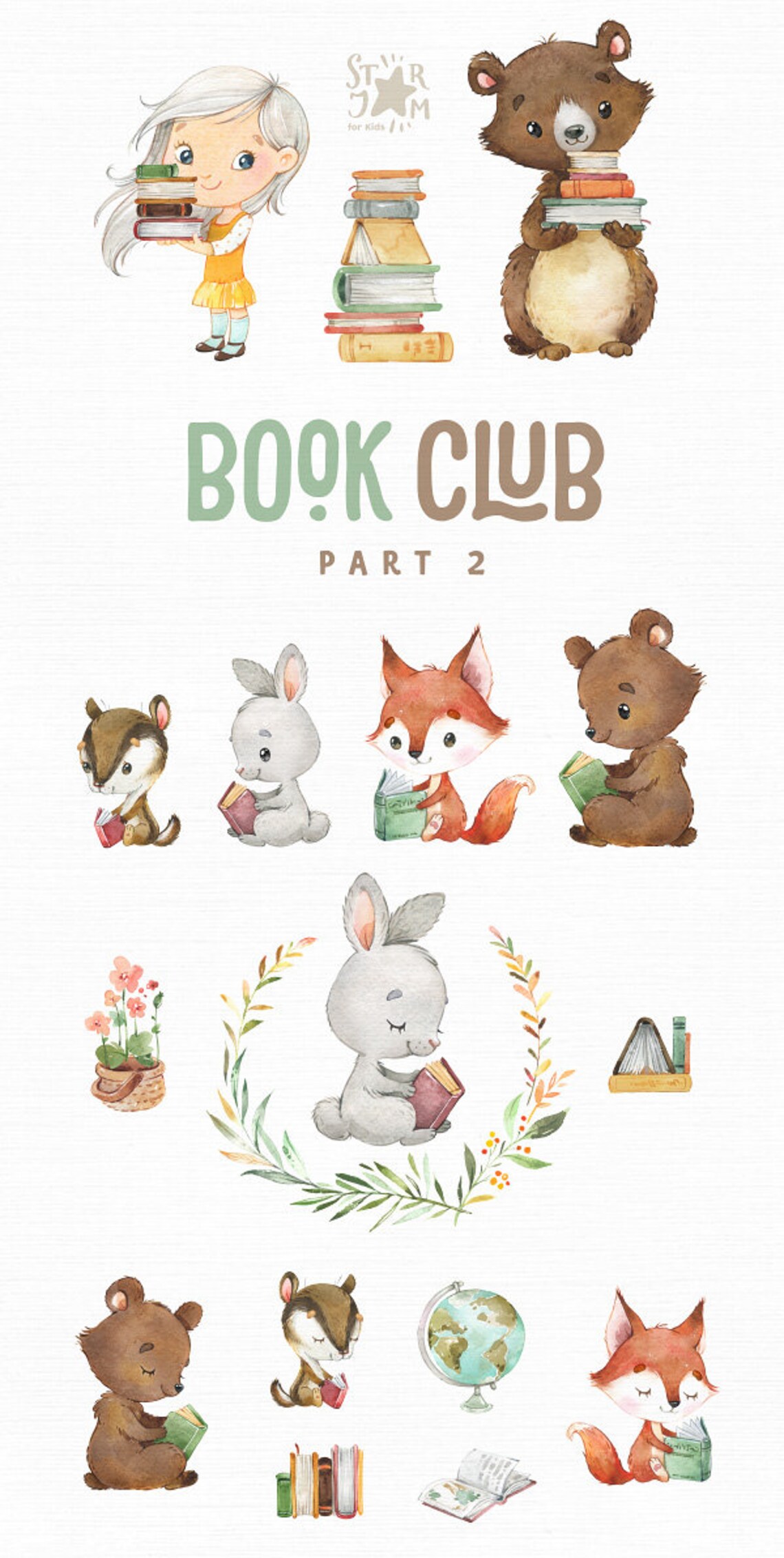 Book Club 2. Watercolor Animals Clipart Woodland Bear Fox - Etsy