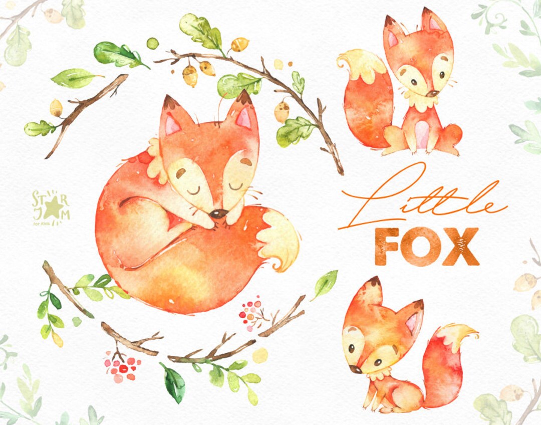 Little Fox. Cute Animal Clipart, Watercolor, Woodland, Forest, Wreath ...