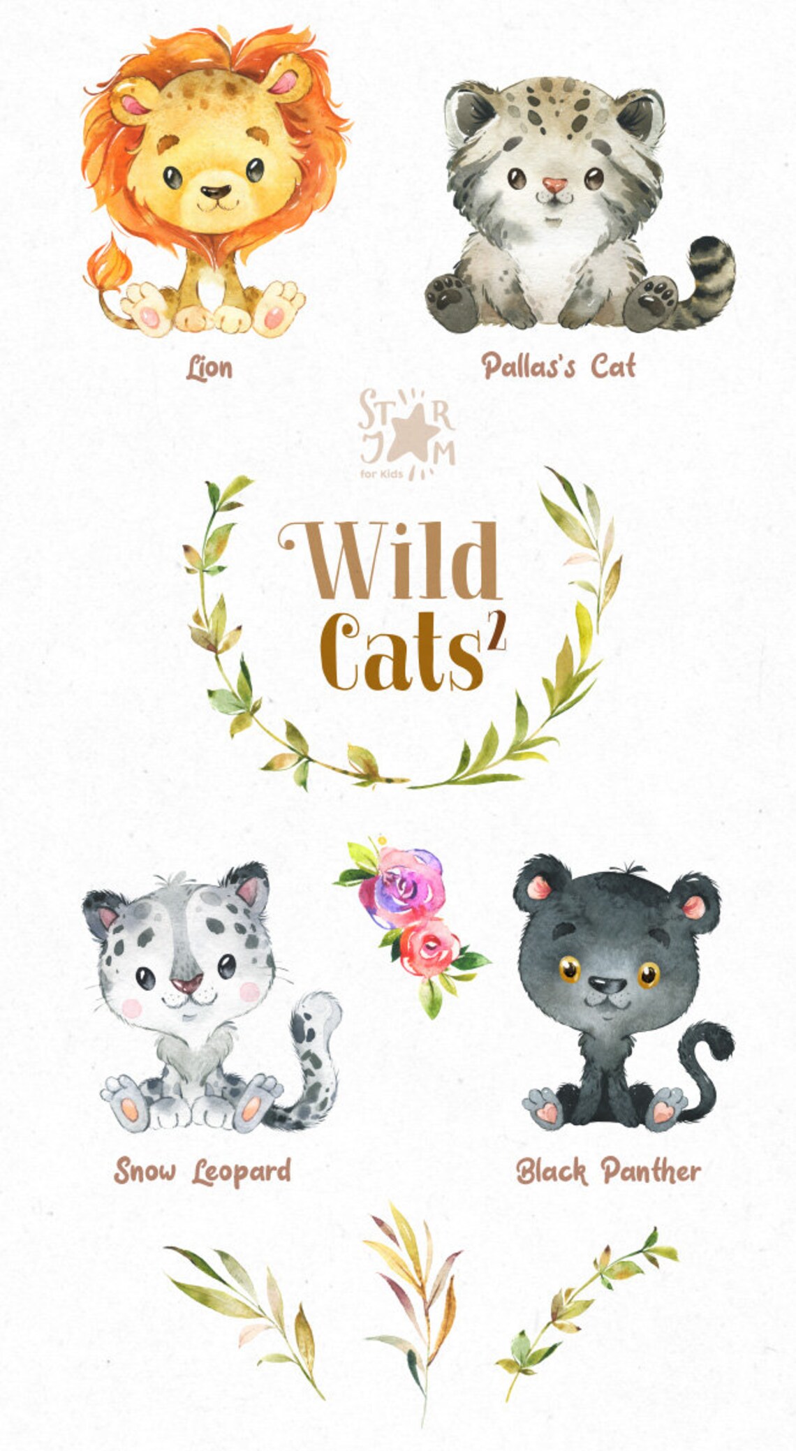 Wild Cats 2. Watercolor Little Animal Clipart Lion Snow - Etsy
