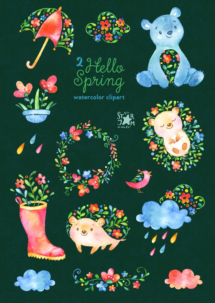 Hello Spring 2. Watercolor Animals and Floral Clipart, Hedgehog, Bear ...