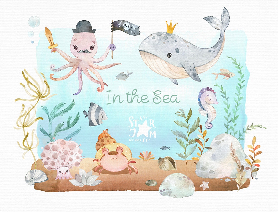 In the Sea. Watercolor Clipart Octopus Whale Underwater - Etsy