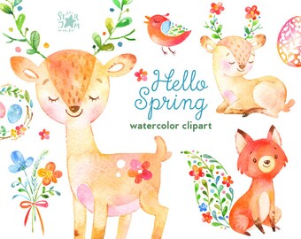 Hello Spring. Watercolor Animals and Floral Clipart Deer - Etsy