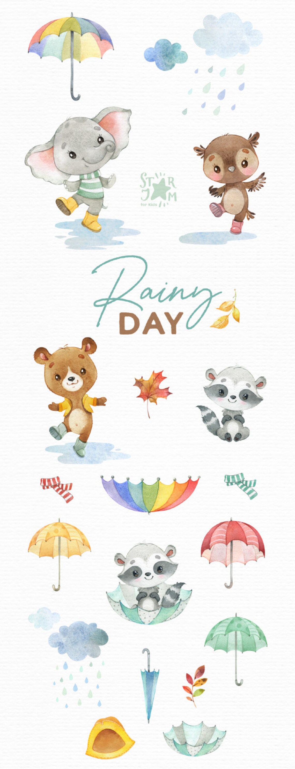 Rainy Day. Watercolor Baby Animals Clipart, Elephant, Bear, Owl ...