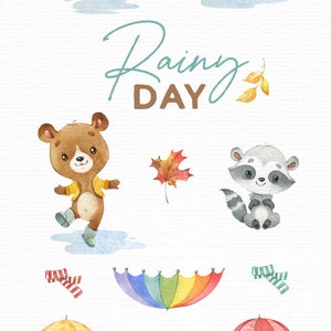 Rainy Day. Watercolor Baby Animals Clipart, Elephant, Bear, Owl ...