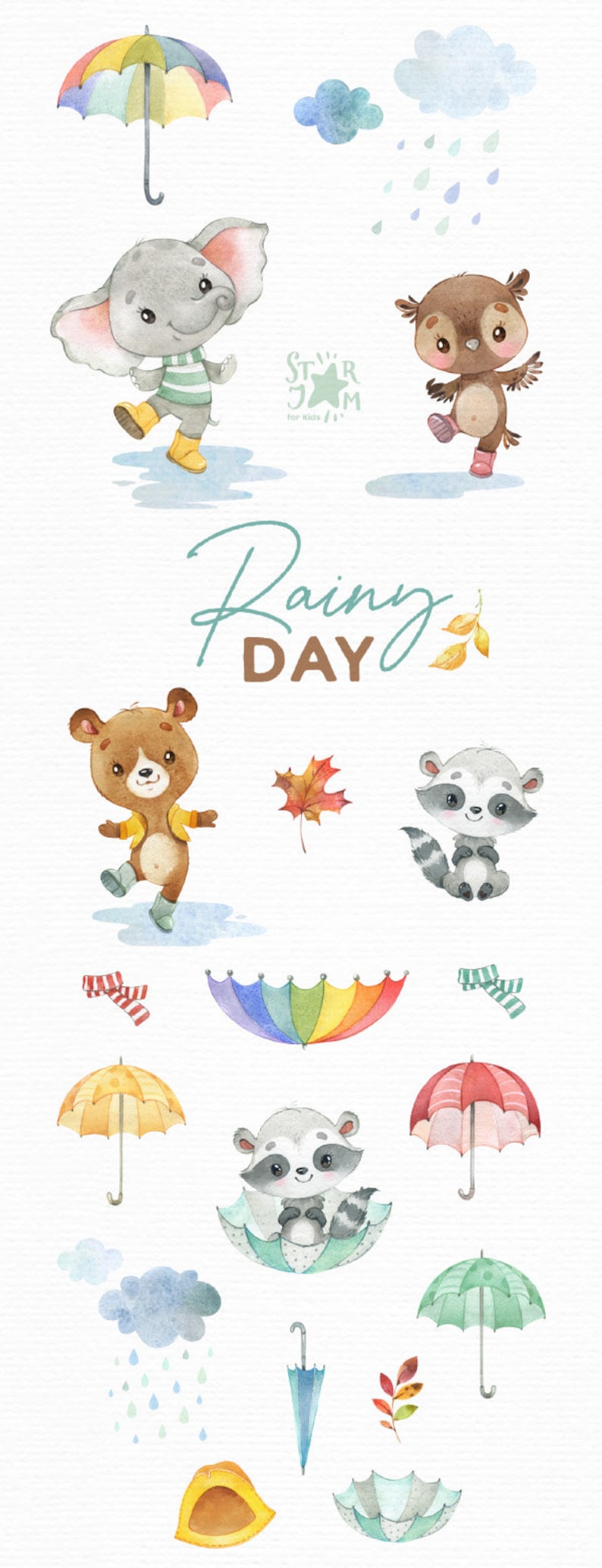 Rainy Day. Watercolor Baby Animals Clipart Elephant Bear - Etsy