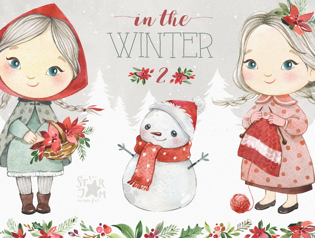 In the Winter 2. Christmas Watercolor Clip Art, Little Girl, Snowman ...