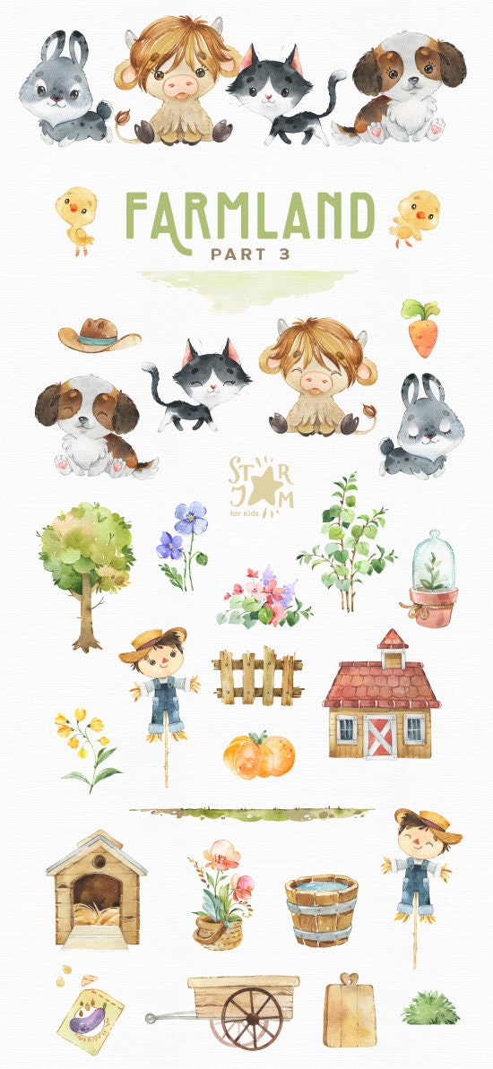Farmland 3. Watercolor Country Clipart Cow Cat Dog Rabbit - Etsy