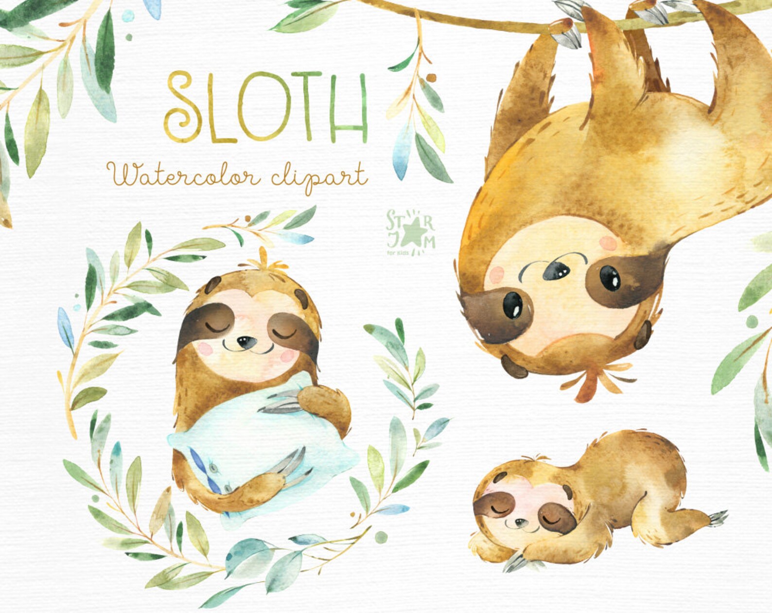 Sloth. Little Animals Watercolor Clipart Sleepy Sloths - Etsy