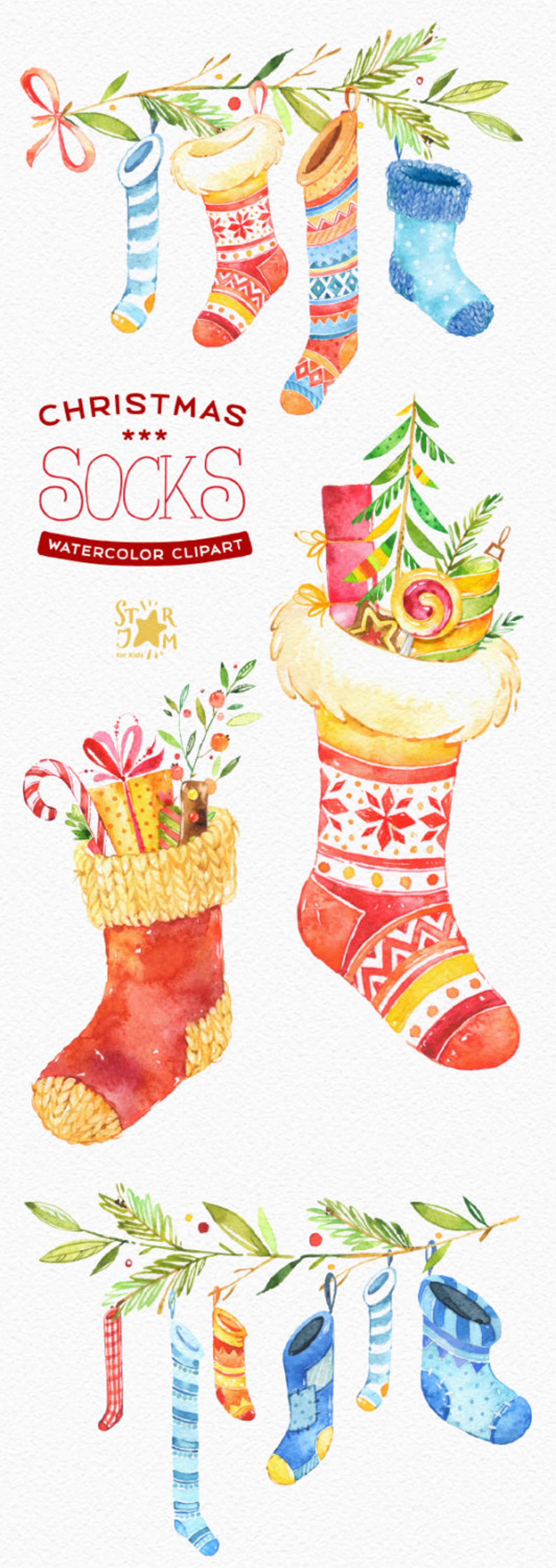 Christmas Socks. Watercolour clipart winter gift diy | Etsy