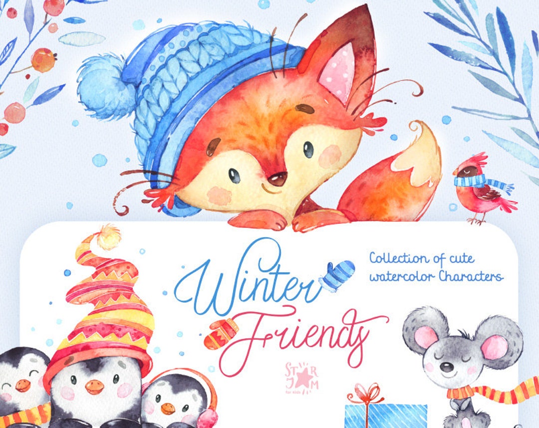 Winter Friends. Collection of Watercolor Characters, Penguin, Fox ...