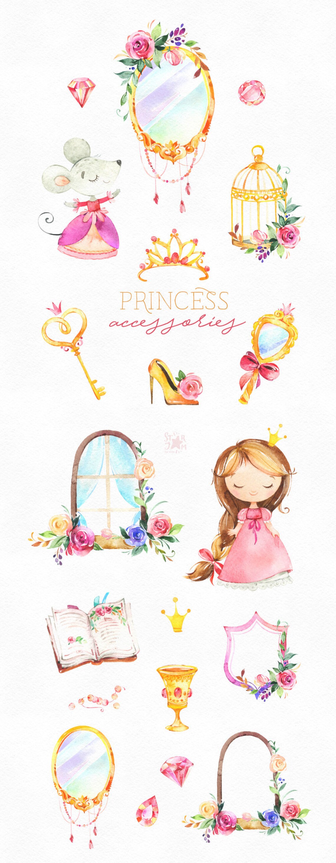 Princess Accessories. Watercolor Fairytale Clipart Royal - Etsy