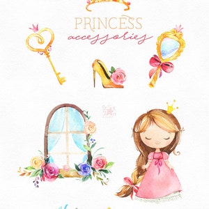Princess Accessories. Watercolor Fairytale Clipart, Royal Girl, Mirror ...