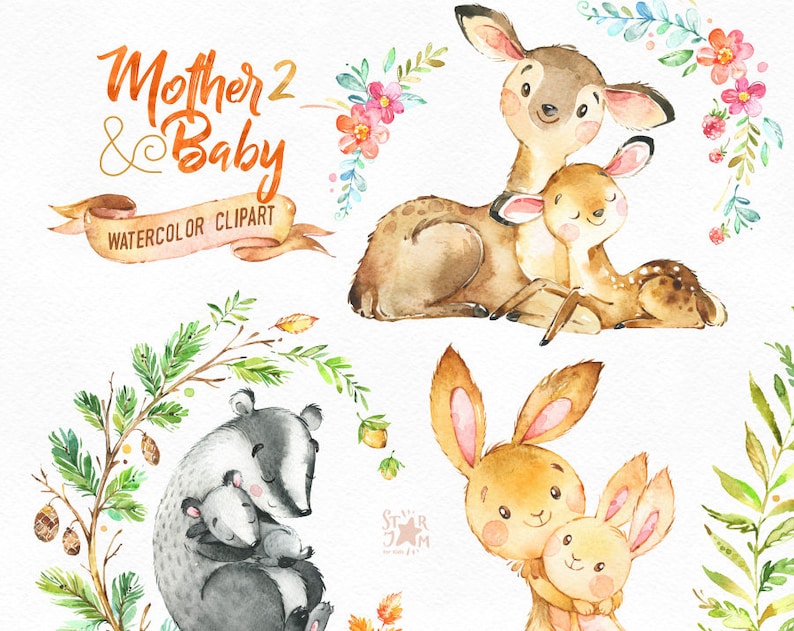 Mother & Baby 2. Watercolor animals clipart deer rabbit | Etsy
