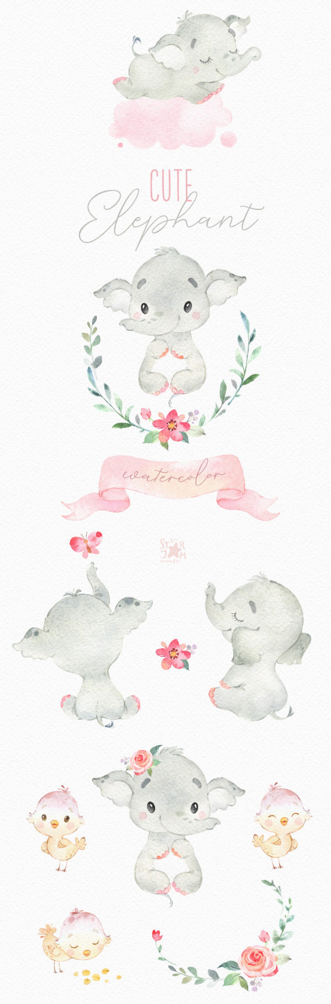 Cute Elephant Girl. Watercolor Little Animal Clipart Baby - Etsy