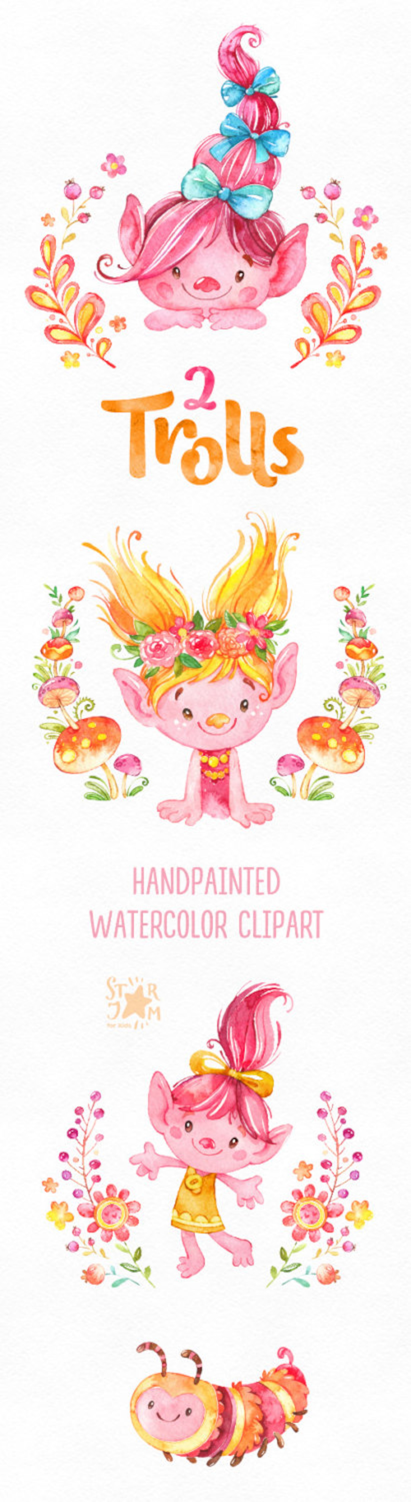Trolls 2. Watercolor Clip Art, Cute Characters, Poppy, Dolls, Happy ...