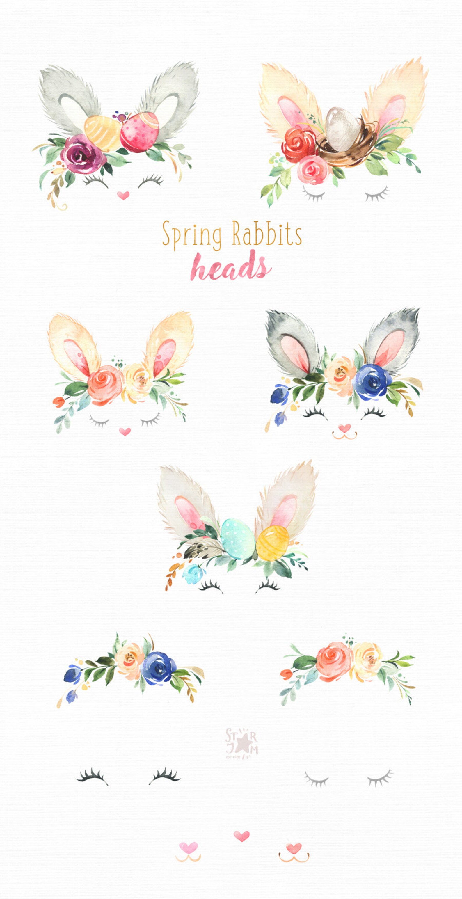 Spring Rabbits Heads. Watercolor Easter clipart eggs crown | Etsy