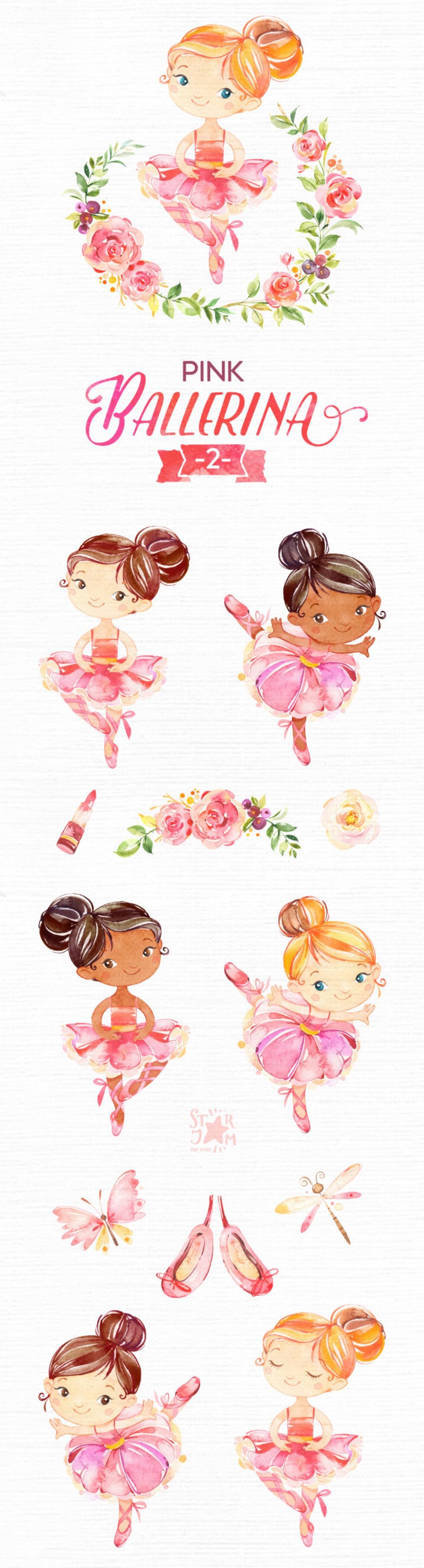 Pink Ballerina 2. Watercolor Clipart Little Girl Ballet | Etsy