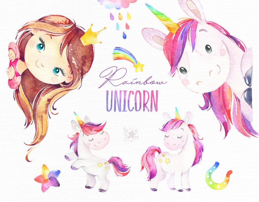 Rainbow Unicorn. Watercolor Magic Clipart, Pink, Rainbow, Girls ...