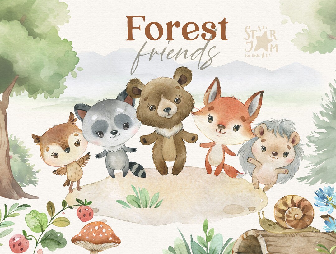 Forest Friends. Little Animals Watercolor Clipart, Fox, Bear, Owl ...