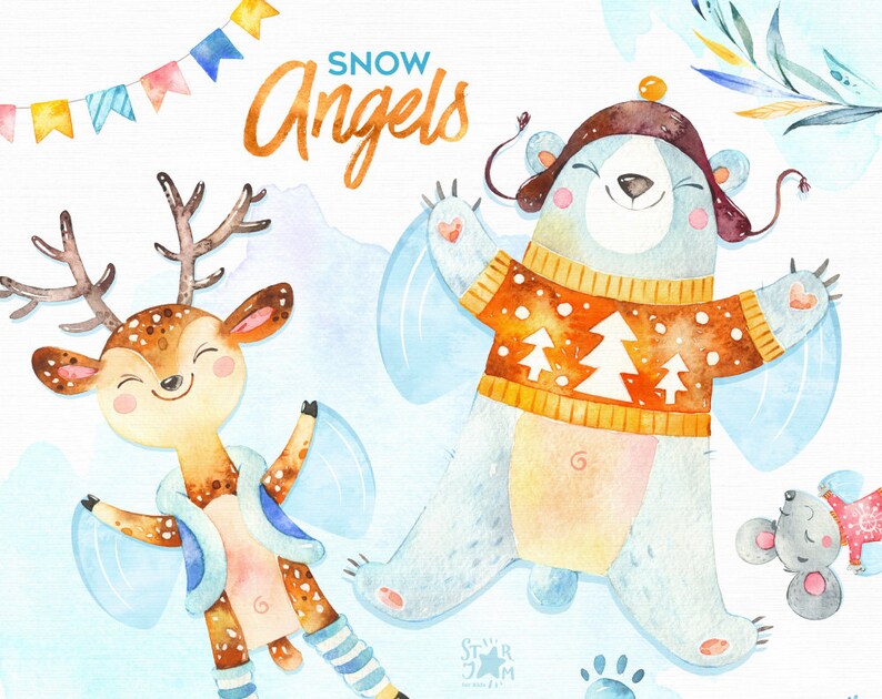 Snow Angels. Watercolor Holiday Animal Clipart, Polar Bear, Deer, Mouse ...