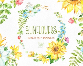Sunflowers. Wreaths & Bouquets. Watercolor Flowers Clipart - Etsy