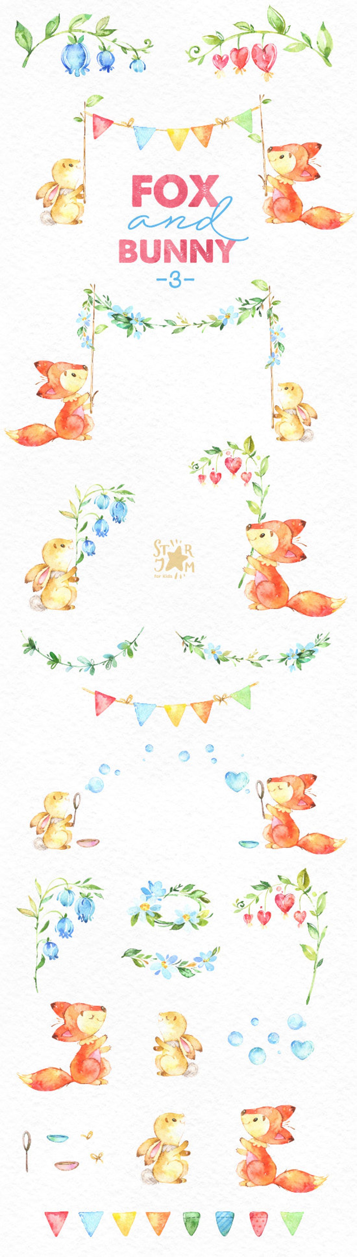 Fox and Bunny 3. Watercolor animal clipart flowers borders | Etsy