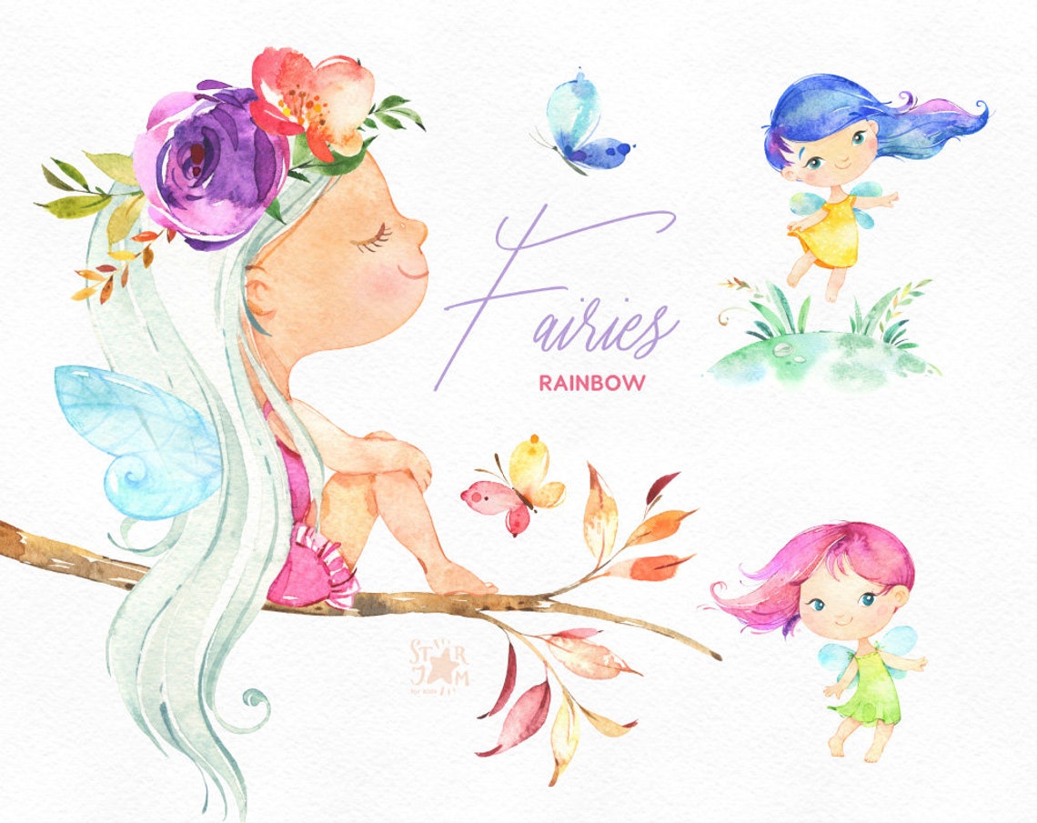 Rainbow Fairies. Watercolor Magic Clipart Little Girls - Etsy