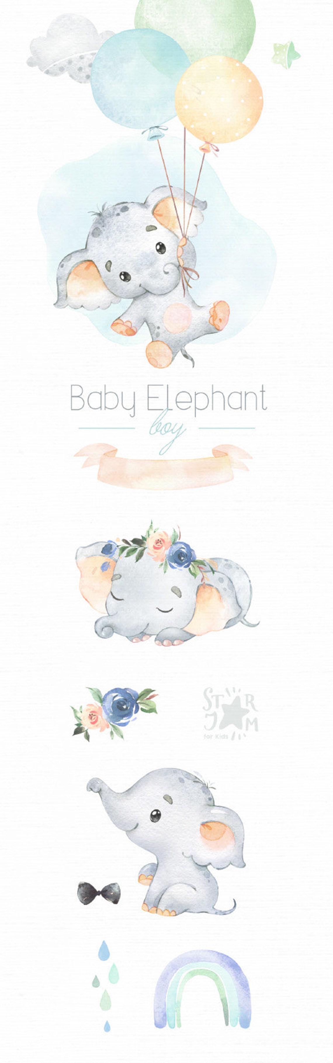 Baby Elephant. Boy. Watercolor Little Animal Clipart Child - Etsy