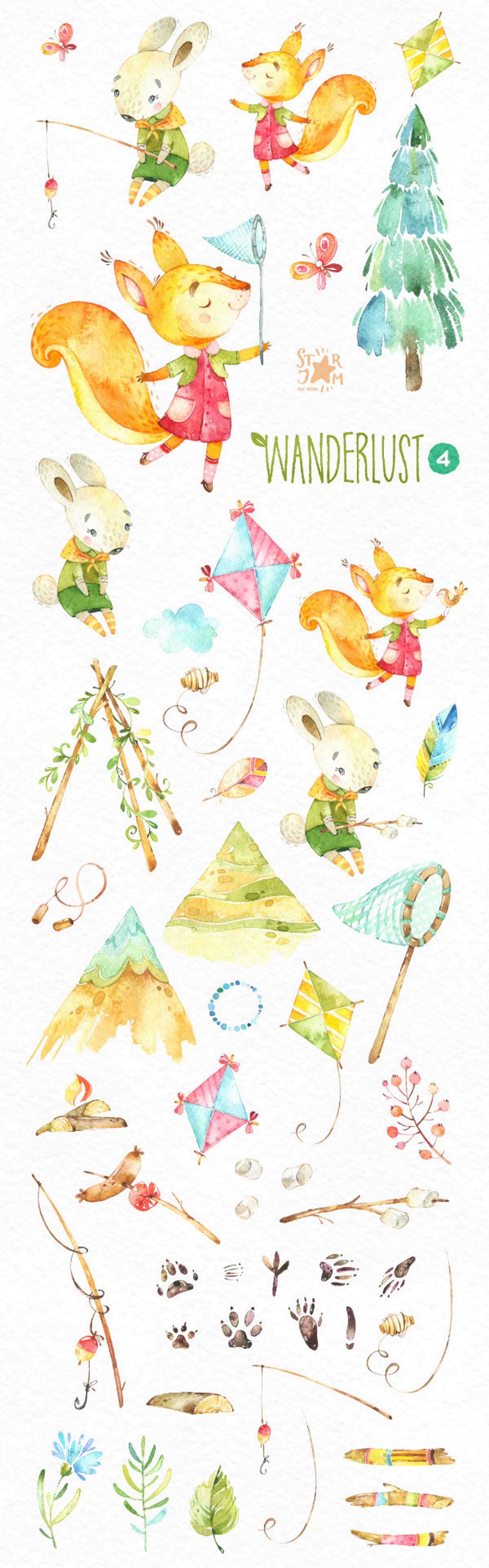 Wanderlust 4. Watercolor Animals Clipart, Squirell, Bunny, Fishing ...