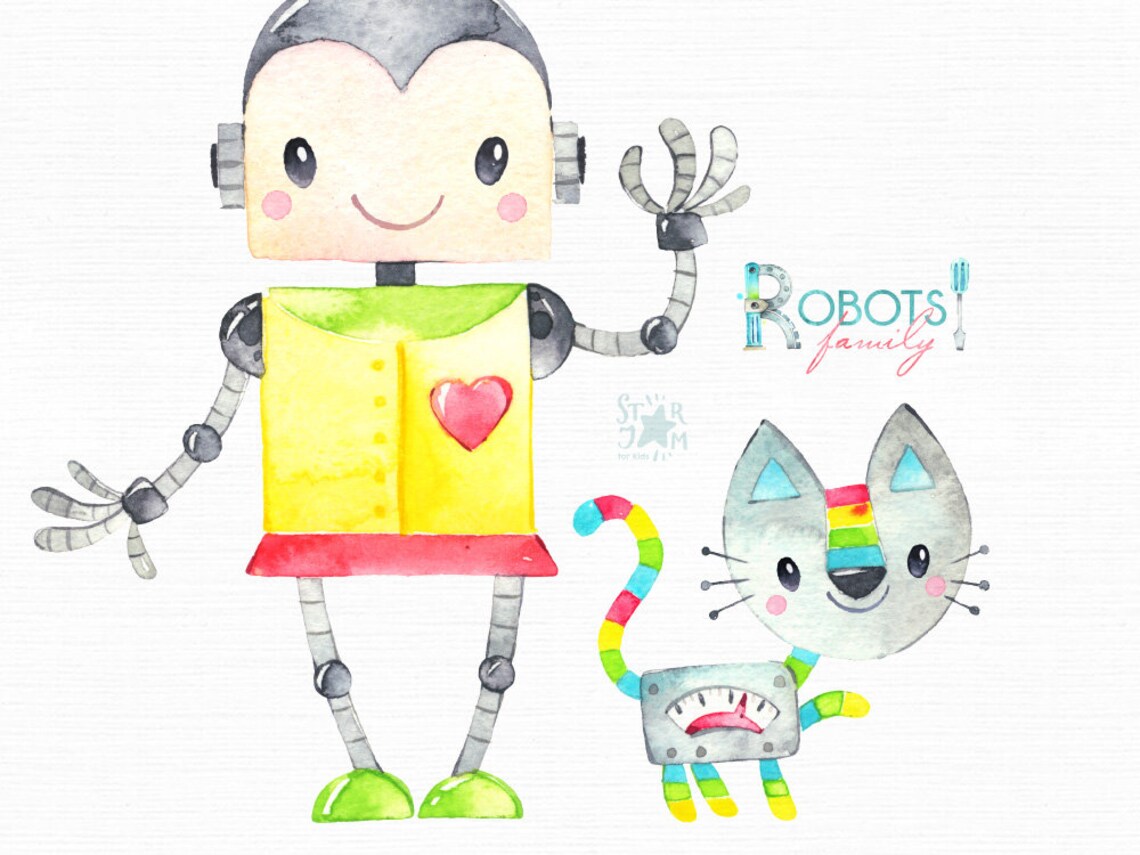 Robots Family. Watercolor vintage clipart retro kids dog | Etsy