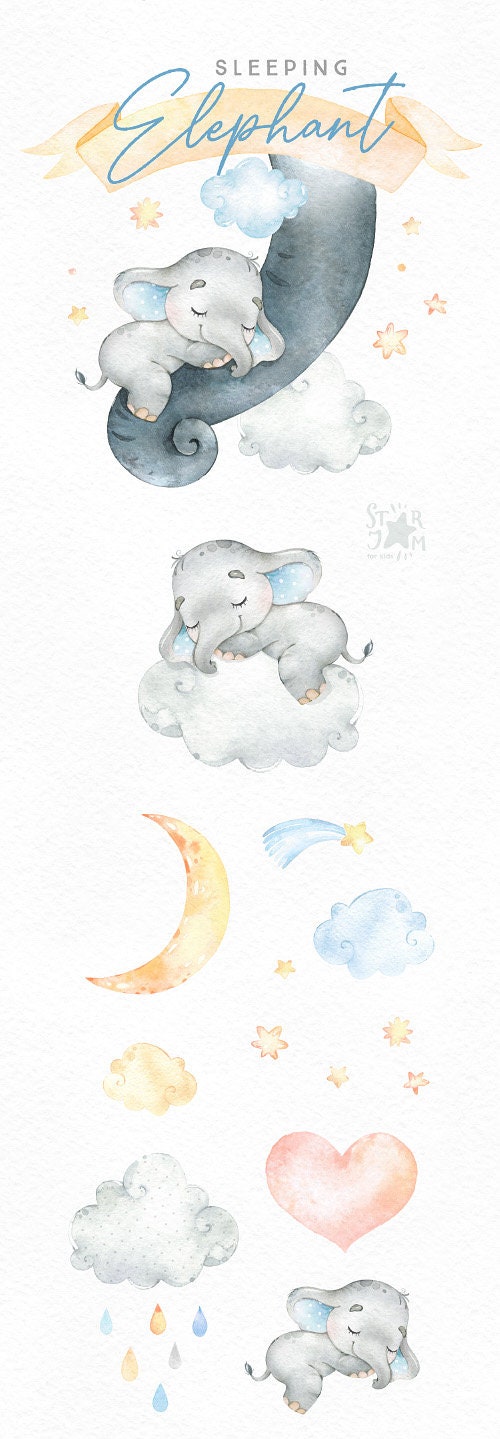 Sleeping Elephant. Babyboy. Watercolor Little Animal Clipart - Etsy