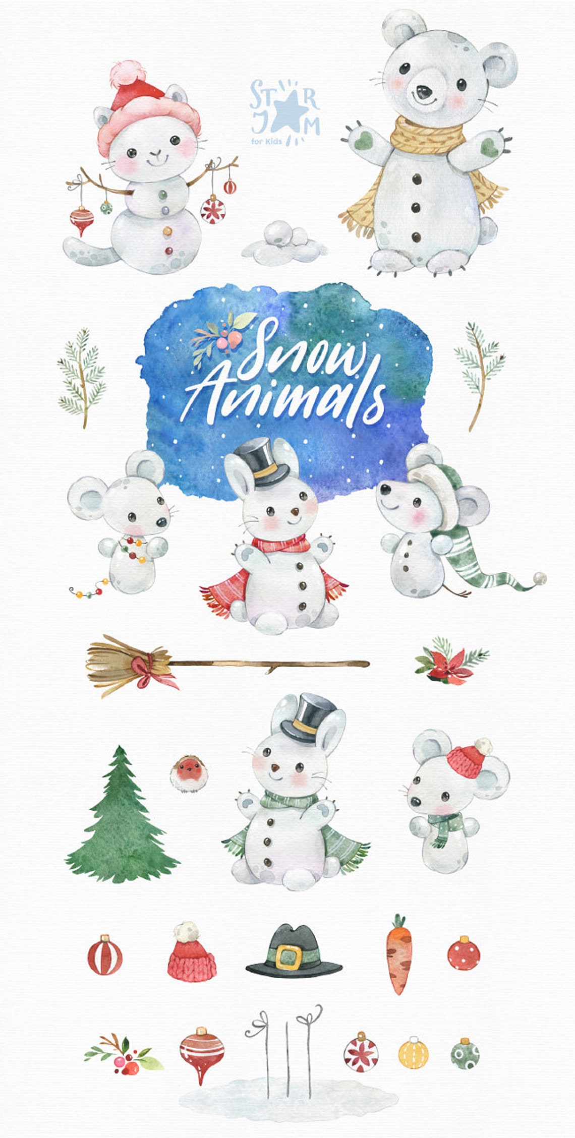 Snow Animals. Watercolor Clip Art, Snowman, Bear, Rabbit, Mouse, Cat ...