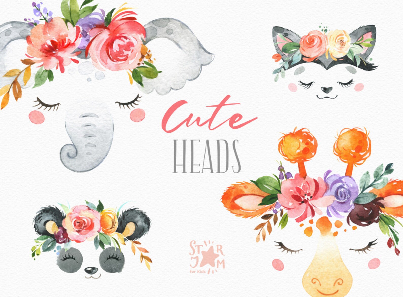 Cute Heads. Watercolor Clipart Mask Elephant Giraffe | Etsy