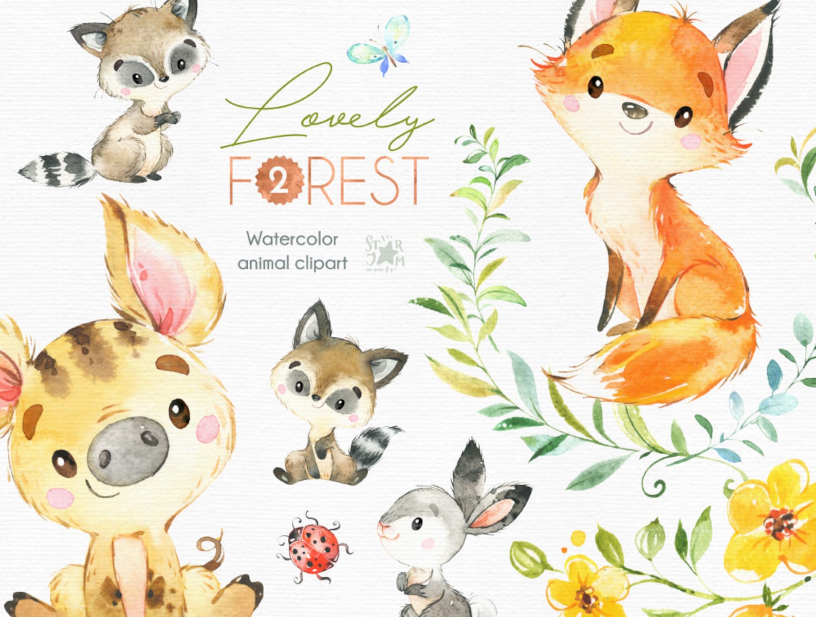 Lovely Forest 2. Little Animals Clip Art, Watercolor, Fox, Wild Pig ...