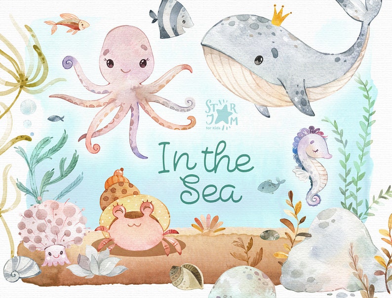 In the Sea. Watercolor Clipart Octopus Whale Underwater - Etsy