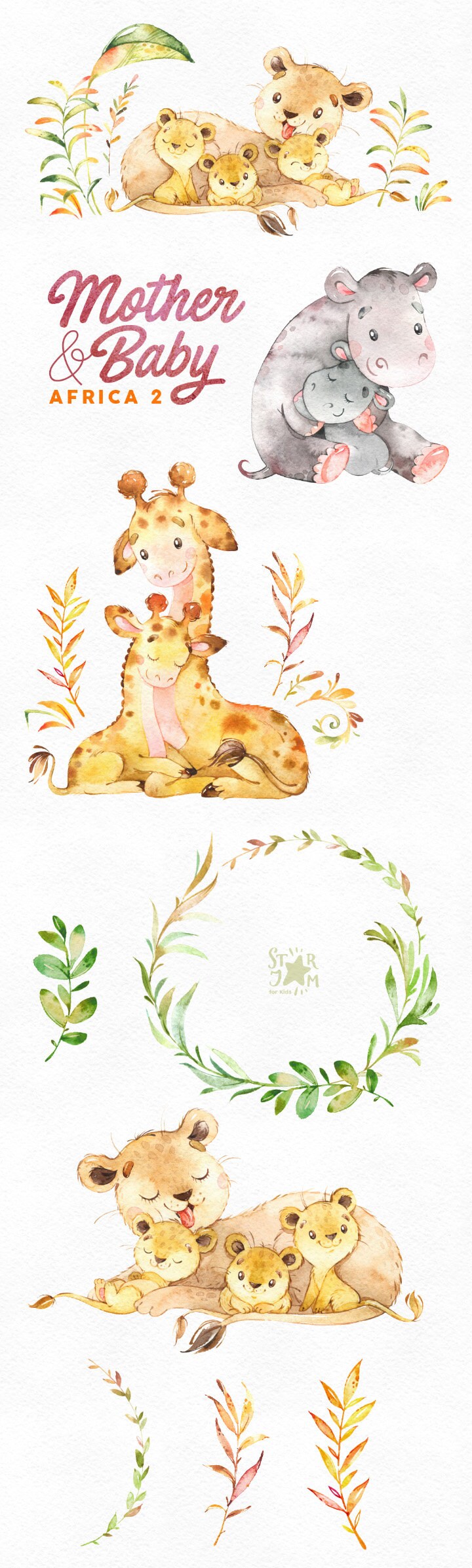 Mother & Baby. Africa 2. Watercolor Animals Clipart Giraffe - Etsy